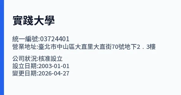 實踐大學的照片-統編 03724401(臺北市) 公司登記資料與營業項目詳細圖表