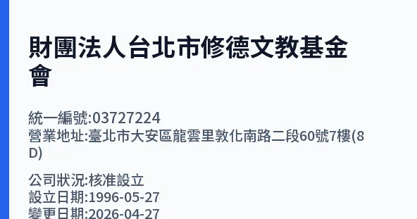 財團法人台北市修德文教基金會的照片-統編 03727224(臺北市) 公司登記資料與營業項目詳細圖表