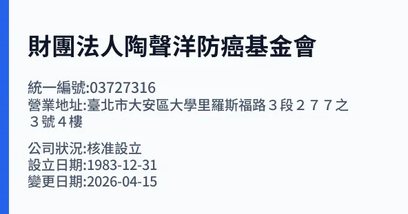 財團法人陶聲洋防癌基金會的照片-統編 03727316(臺北市) 公司登記資料與營業項目詳細圖表