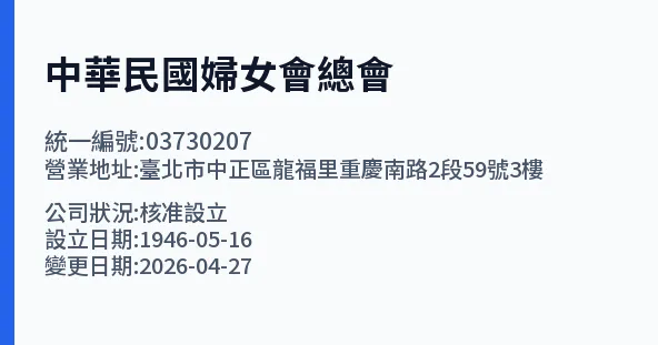 中華民國婦女會總會的照片-統編 03730207(臺北市) 公司登記資料與營業項目詳細圖表