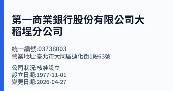 第一商業銀行股份有限公司大稻埕分公司的照片-統編 03738003(臺北市) 公司登記資料與營業項目詳細圖表