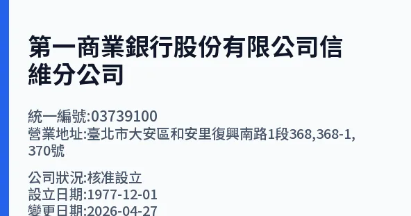第一商業銀行股份有限公司信維分公司的照片-統編 03739100(臺北市) 公司登記資料與營業項目詳細圖表