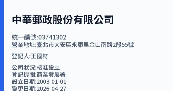 中華郵政股份有限公司的照片-統編 03741302(臺北市) 公司登記資料與營業項目詳細圖表