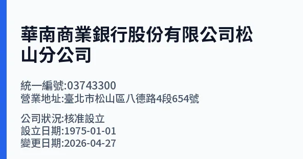 華南商業銀行股份有限公司松山分公司的照片-統編 03743300(臺北市) 公司登記資料與營業項目詳細圖表