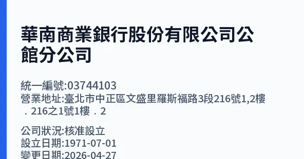 華南商業銀行股份有限公司公館分公司的照片-統編 03744103(臺北市) 公司登記資料與營業項目詳細圖表