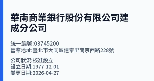 華南商業銀行股份有限公司建成分公司的照片-統編 03745200(臺北市) 公司登記資料與營業項目詳細圖表