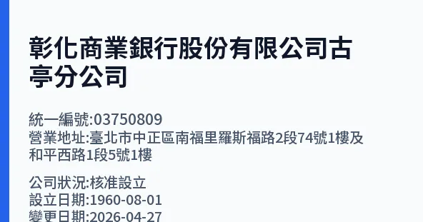 彰化商業銀行股份有限公司古亭分公司的照片-統編 03750809(臺北市) 公司登記資料與營業項目詳細圖表