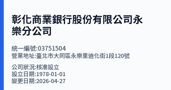 彰化商業銀行股份有限公司永樂分公司的照片-統編 03751504(臺北市) 公司登記資料與營業項目詳細圖表
