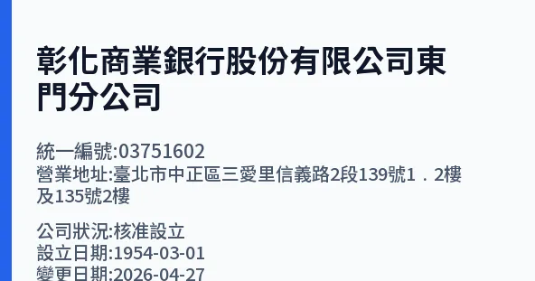 彰化商業銀行股份有限公司東門分公司的照片-統編 03751602(臺北市) 公司登記資料與營業項目詳細圖表
