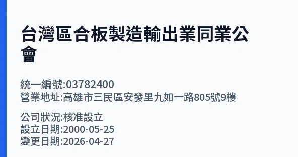 台灣區合板製造輸出業同業公會的照片-統編 03782400(高雄市) 公司登記資料與營業項目詳細圖表