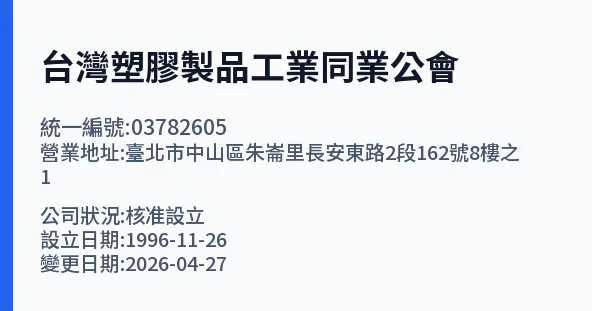 台灣塑膠製品工業同業公會的照片-統編 03782605(臺北市) 公司登記資料與營業項目詳細圖表