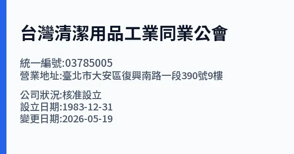 台灣清潔用品工業同業公會的照片-統編 03785005(臺北市) 公司登記資料與營業項目詳細圖表