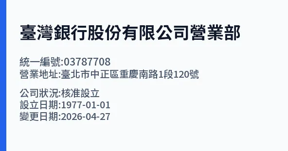 臺灣銀行股份有限公司營業部的照片-統編 03787708(臺北市) 公司登記資料與營業項目詳細圖表