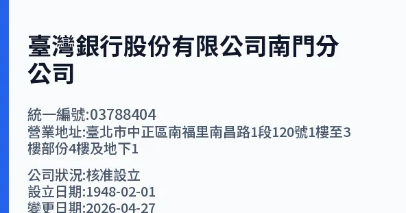 臺灣銀行股份有限公司南門分公司的照片-統編 03788404(臺北市) 公司登記資料與營業項目詳細圖表