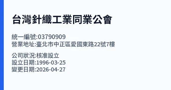 台灣針織工業同業公會的照片-統編 03790909(臺北市) 公司登記資料與營業項目詳細圖表