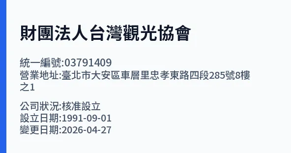 財團法人台灣觀光協會的照片-統編 03791409(臺北市) 公司登記資料與營業項目詳細圖表