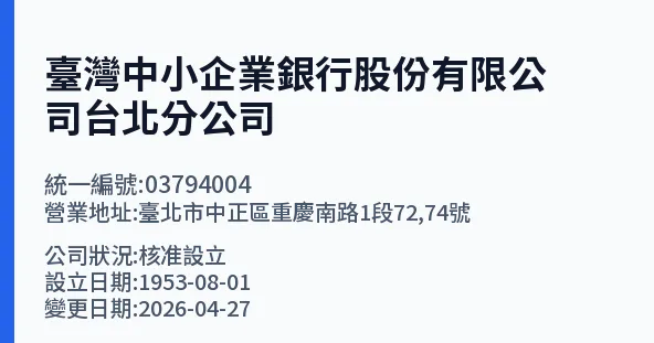 臺灣中小企業銀行股份有限公司台北分公司的照片-統編 03794004(臺北市) 公司登記資料與營業項目詳細圖表