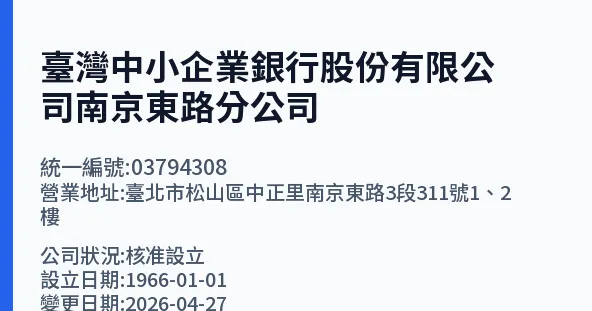 臺灣中小企業銀行股份有限公司南京東路分公司的照片-統編 03794308(臺北市) 公司登記資料與營業項目詳細圖表