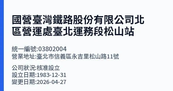 國營臺灣鐵路股份有限公司北區營運處臺北運務段松山站的照片-統編 03802004(臺北市) 公司登記資料與營業項目詳細圖表
