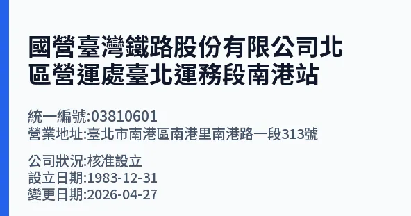 國營臺灣鐵路股份有限公司北區營運處臺北運務段南港站的照片-統編 03810601(臺北市) 公司登記資料與營業項目詳細圖表