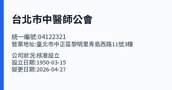 台北市中醫師公會的照片-統編 04122321(臺北市) 公司登記資料與營業項目詳細圖表