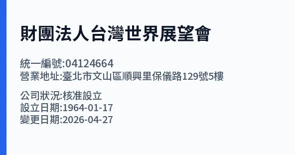 財團法人台灣世界展望會的照片-統編 04124664(臺北市) 公司登記資料與營業項目詳細圖表