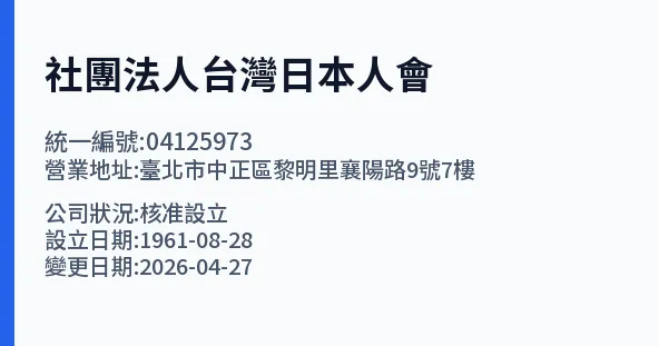 社團法人台灣日本人會的照片-統編 04125973(臺北市) 公司登記資料與營業項目詳細圖表
