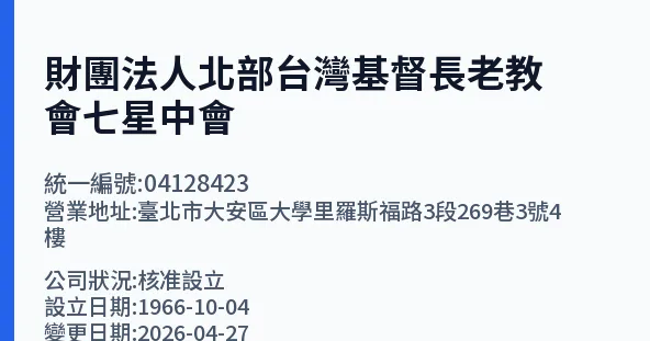 財團法人北部台灣基督長老教會七星中會的照片-統編 04128423(臺北市) 公司登記資料與營業項目詳細圖表
