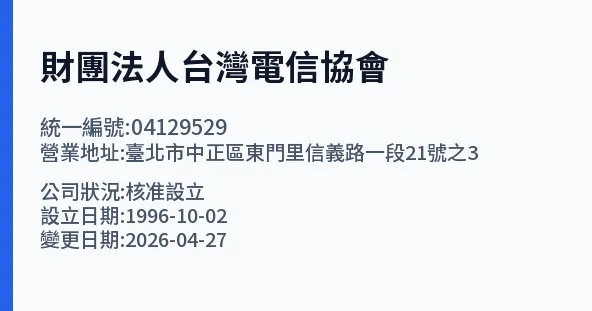 財團法人台灣電信協會的照片-統編 04129529(臺北市) 公司登記資料與營業項目詳細圖表
