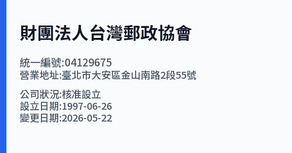 財團法人台灣郵政協會的照片-統編 04129675(臺北市) 公司登記資料與營業項目詳細圖表