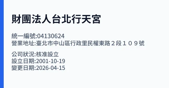 財團法人台北行天宮的照片-統編 04130624(臺北市) 公司登記資料與營業項目詳細圖表
