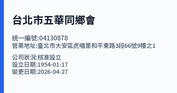 台北市五華同鄉會的照片-統編 04130878(臺北市) 公司登記資料與營業項目詳細圖表