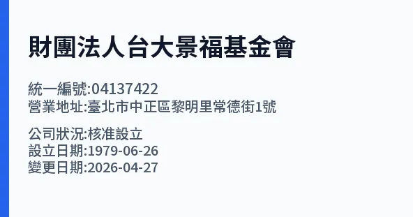 財團法人台大景福基金會的照片-統編 04137422(臺北市) 公司登記資料與營業項目詳細圖表
