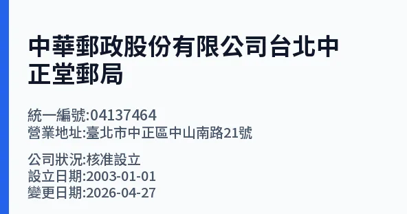 中華郵政股份有限公司台北中正堂郵局的照片-統編 04137464(臺北市) 公司登記資料與營業項目詳細圖表