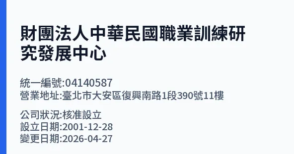 財團法人中華民國職業訓練研究發展中心的照片-統編 04140587(臺北市) 公司登記資料與營業項目詳細圖表