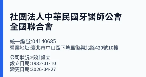 社團法人中華民國牙醫師公會全國聯合會的照片-統編 04140685(臺北市) 公司登記資料與營業項目詳細圖表