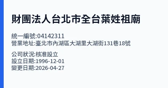 財團法人台北市全台葉姓祖廟的照片-統編 04142311(臺北市) 公司登記資料與營業項目詳細圖表