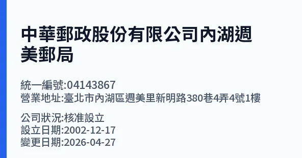中華郵政股份有限公司內湖週美郵局的照片-統編 04143867(臺北市) 公司登記資料與營業項目詳細圖表
