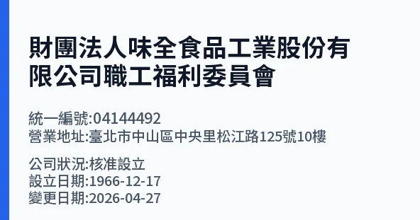 財團法人味全食品工業股份有限公司職工福利委員會的照片-統編 04144492(臺北市) 公司登記資料與營業項目詳細圖表