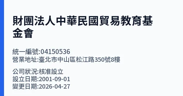 財團法人中華民國貿易教育基金會的照片-統編 04150536(臺北市) 公司登記資料與營業項目詳細圖表
