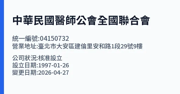 中華民國醫師公會全國聯合會的照片-統編 04150732(臺北市) 公司登記資料與營業項目詳細圖表
