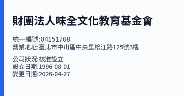 財團法人味全文化教育基金會的照片-統編 04151768(臺北市) 公司登記資料與營業項目詳細圖表