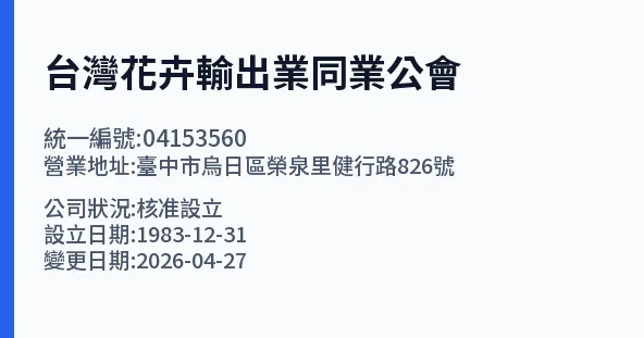 台灣花卉輸出業同業公會的照片-統編 04153560(臺中市) 公司登記資料與營業項目詳細圖表