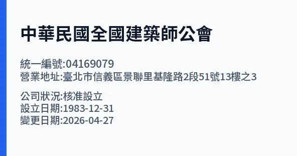 中華民國全國建築師公會的照片-統編 04169079(臺北市) 公司登記資料與營業項目詳細圖表