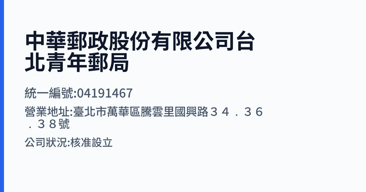 中華郵政股份有限公司台北青年郵局 - 統編 04191467(臺北市) 公司登記資料與營業項目詳細圖表
