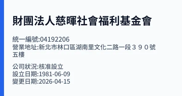 財團法人慈暉社會福利基金會的照片-統編 04192206(高雄市) 公司登記資料與營業項目詳細圖表