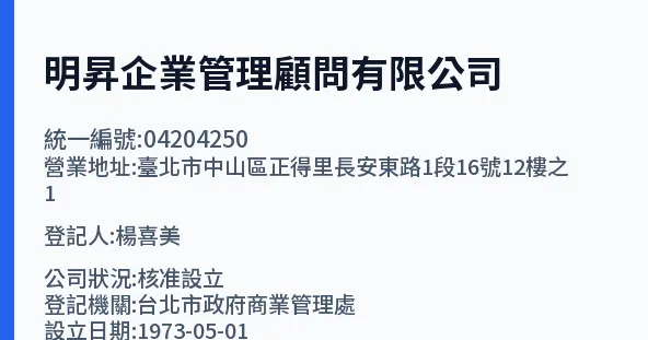 明昇企業管理顧問有限公司的照片-統編 04204250(臺北市) 公司登記資料與營業項目詳細圖表