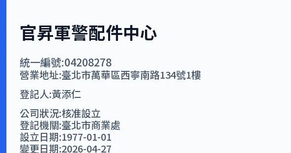 官昇軍警配件中心的照片-統編 04208278(臺北市) 公司登記資料與營業項目詳細圖表