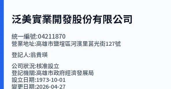 泛美實業開發股份有限公司的照片-統編 04211870(高雄市) 公司登記資料與營業項目詳細圖表