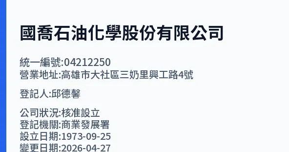 國喬石油化學股份有限公司的照片-統編 04212250(高雄市) 公司登記資料與營業項目詳細圖表